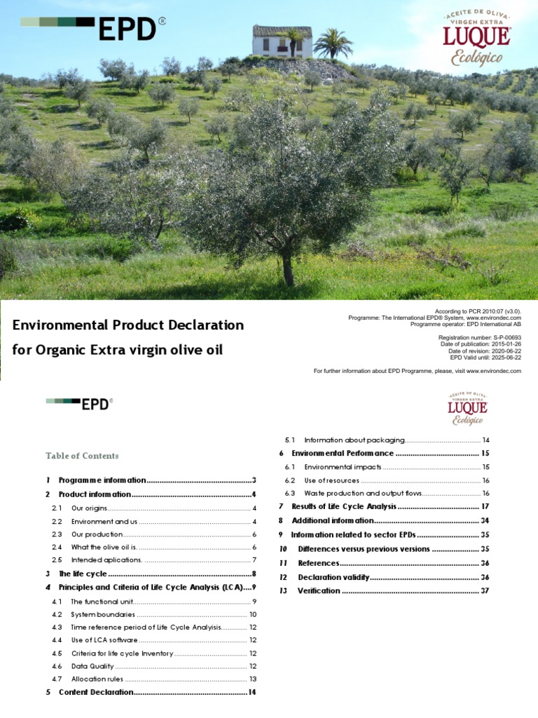 Environmental Product Declaration For Organic Extra Virgin Olive Oil ...