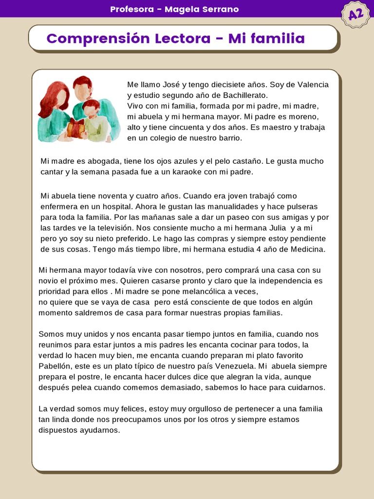 Comprensión Lectora - Mi Familia | PDF