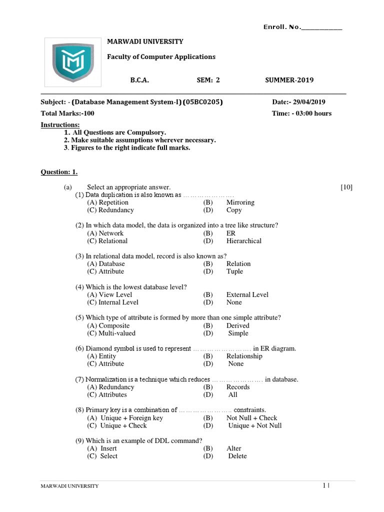 Enroll. No. - : Marwadi University | PDF | Computer Science | Data Management