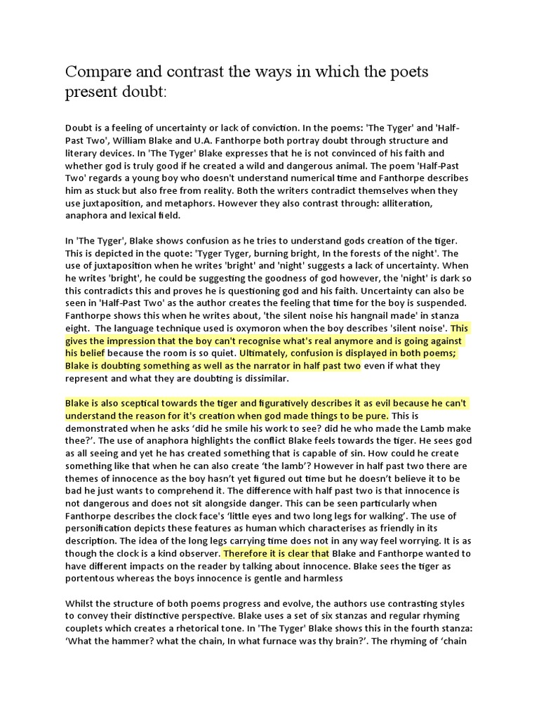 Compare and Contrast The Ways in Which The Poets Present Doubt ...
