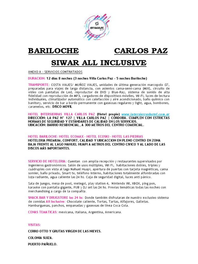 Bariloche Carlos Paz Siwar All Inclusive: Duracion: Transporte | PDF