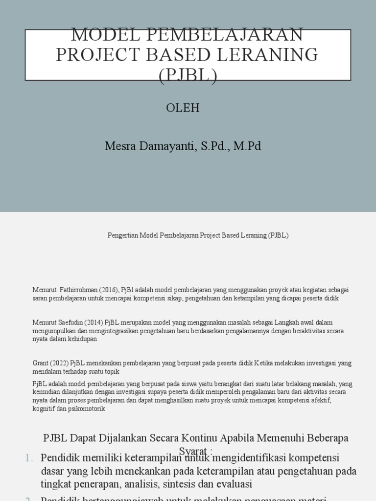 Model Pembelajaran Project Based Leraning (PJBL) : Oleh Mesra Damayanti, S.PD., M.PD | PDF