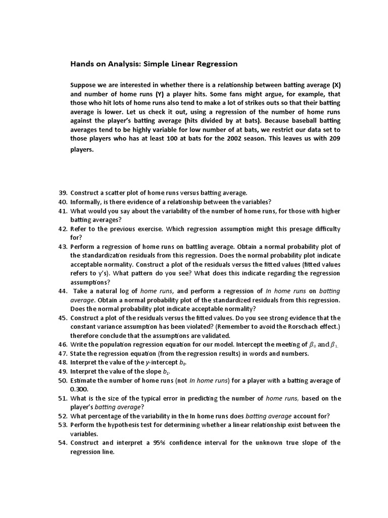 Hands On Analysis - Simple Linear Regression - Baseball Data | PDF ...