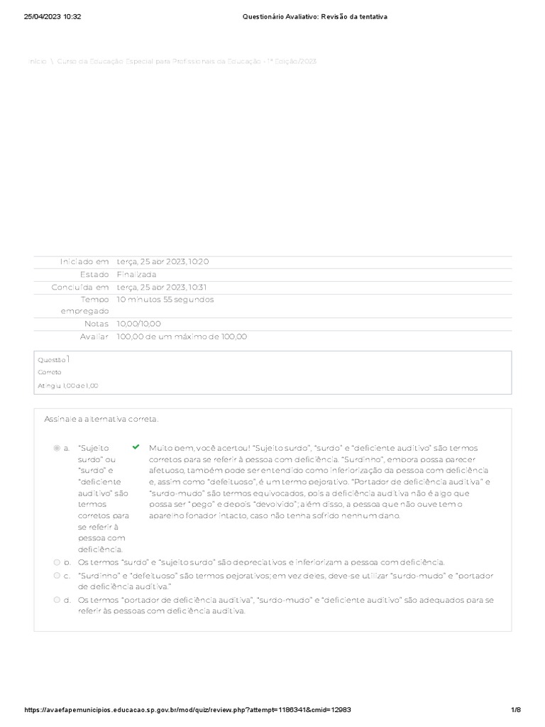 Questionário Avaliativo - Módulo 2 - Deficiência Auditiva - EFAPE - Deficiências | PDF ...
