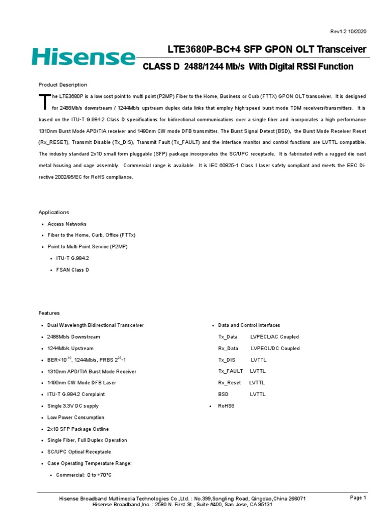 LTE3680P-BC+4 SFP GPON OLT Transceiver: CLASS D 2488/1244 Mb/s With Digital RSSI Function | PDF ...