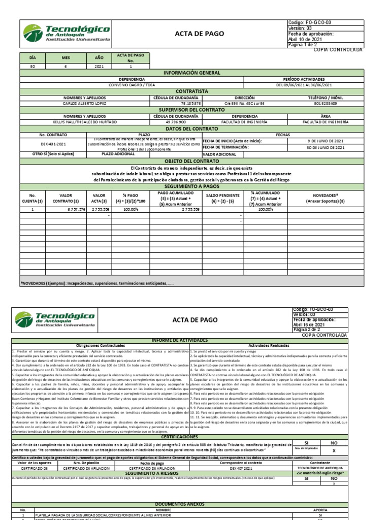 Acta de Pago: Información General | PDF
