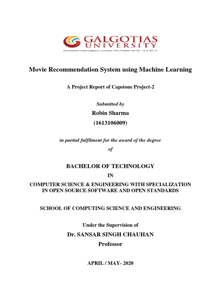Movie Recommendation System Using Machine Learning: Robin Sharma (1613106009) | PDF | Machine ...