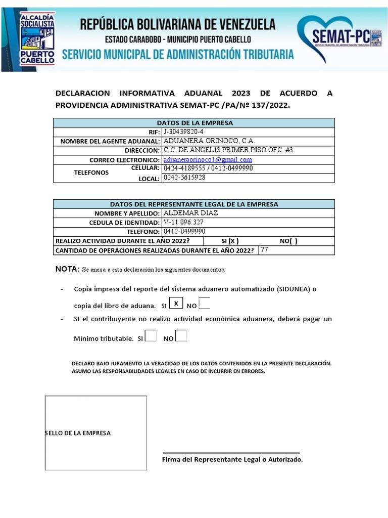 Declaracion Informativa Aduanal 2023 de Acuerdo A Providencia ...