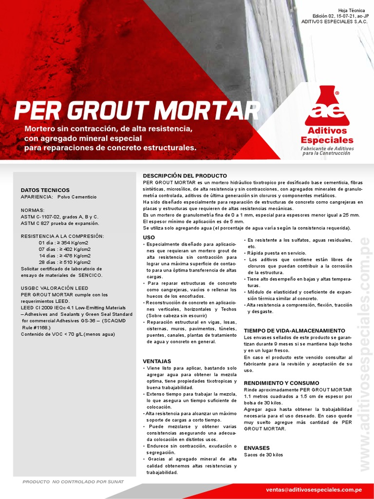 Hoja técnica de PER GROUT MORTAR, un mortero hidráulico tixotrópico de ...