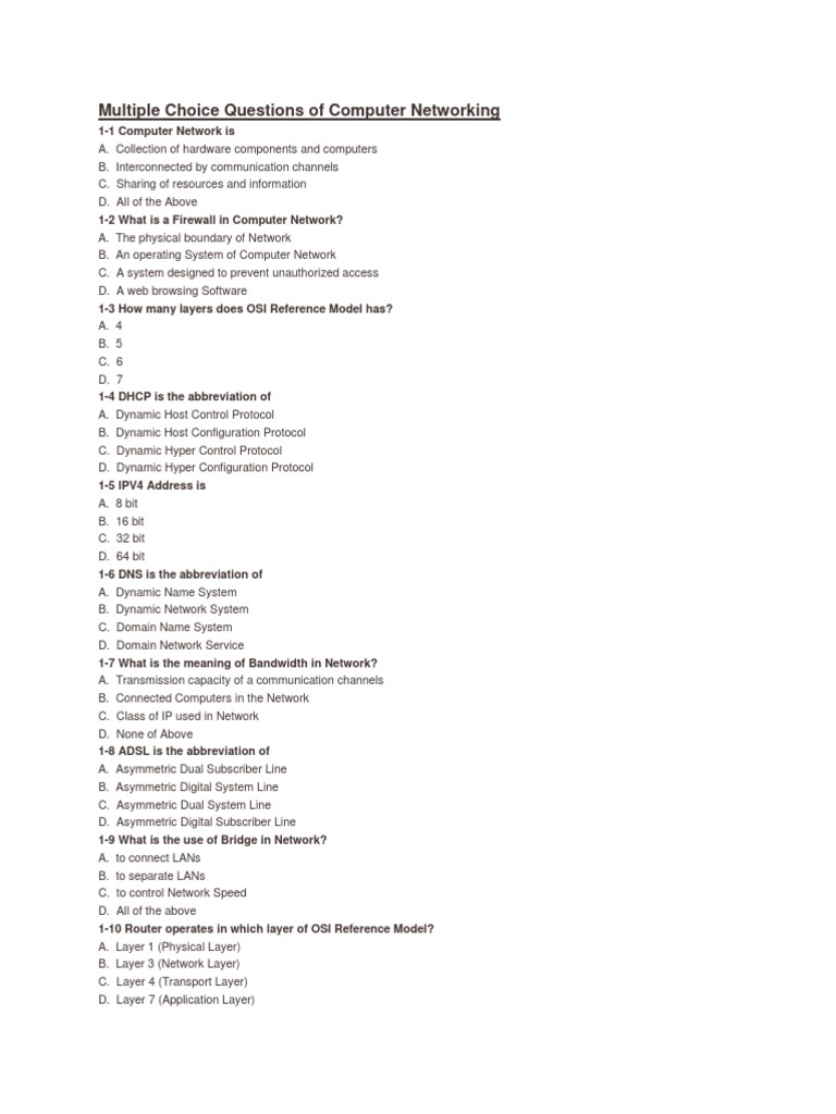 Multiple Choice Questions of Computer Networking | PDF | Computer Network | I Pv6