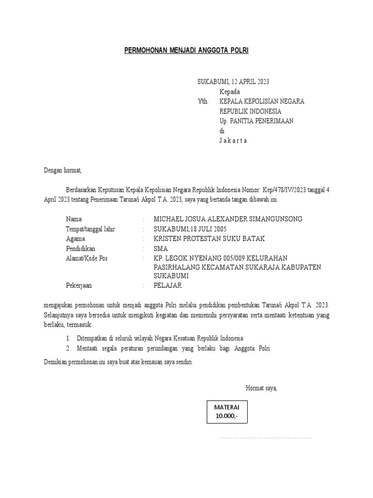 Permohonan Menjadi Anggota Polri: Materai 10.000 | PDF