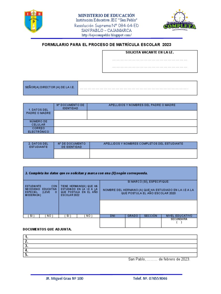Formulario para El Proceso de Matrícula Escolar 2023 | PDF