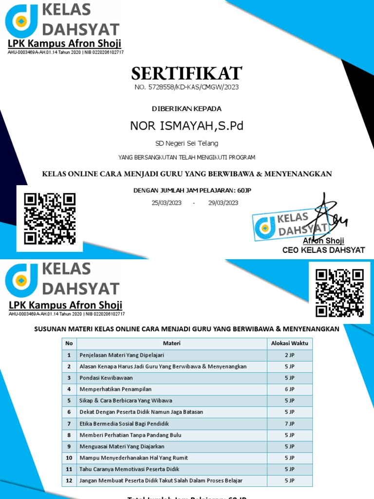 Sertifikat: LPK Kampus Afron Shoji | PDF