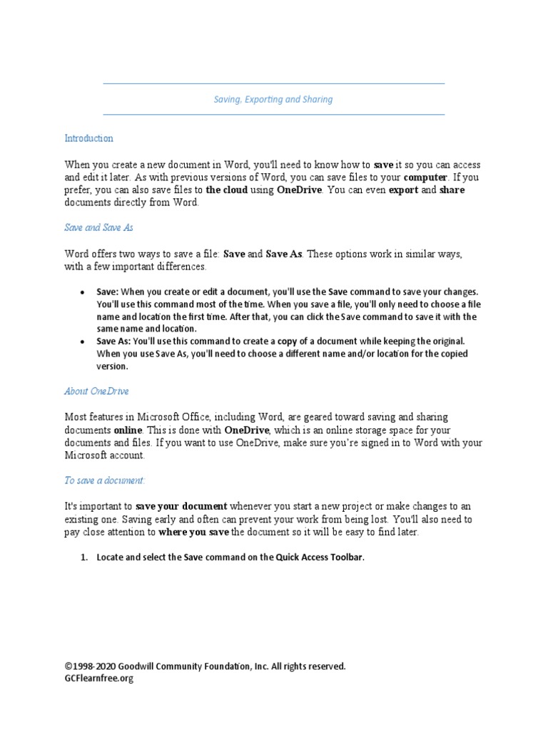 Lesson 3 - Saving, Exporting and Sharing | PDF | Microsoft Word ...