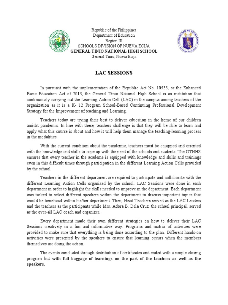 Lac Sessions: General Tinio National High School | PDF | Teachers | Learning