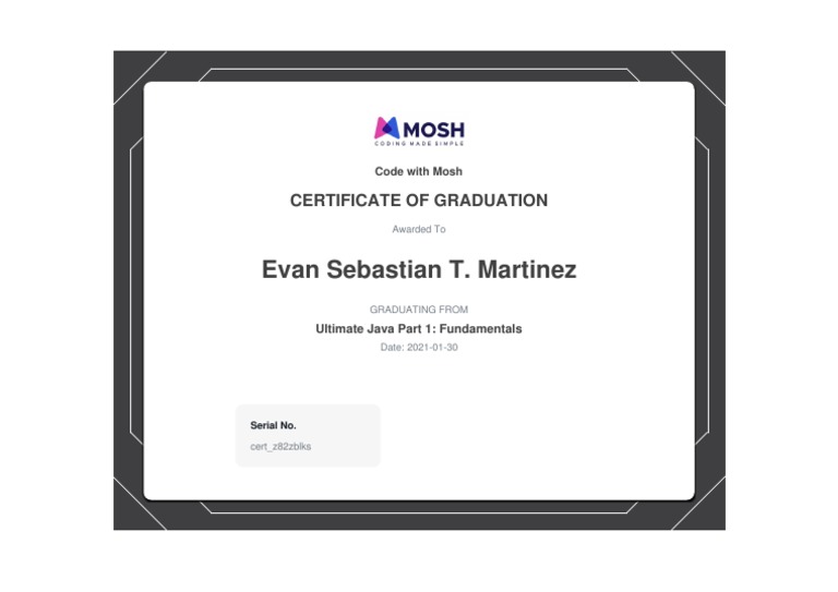 Certificate of Completion For Ultimate Java Part 1 Fundamentals | PDF