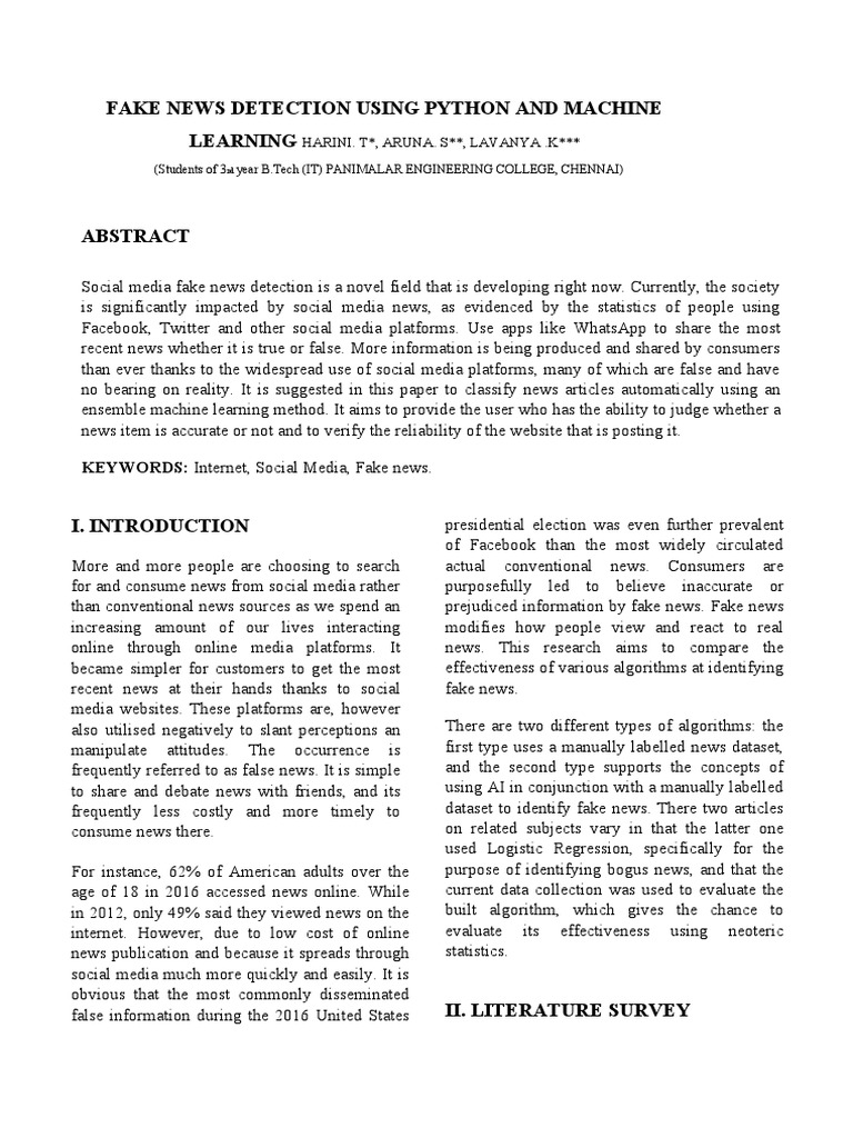 Fake News Detection Using Python and Machine Learning | PDF | Social ...