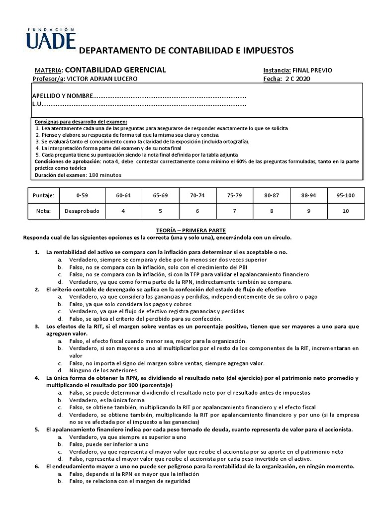 Modelo de Examen Final Contabilidad Gerencial | PDF | Apalancamiento (Finanzas) | Valoración ...