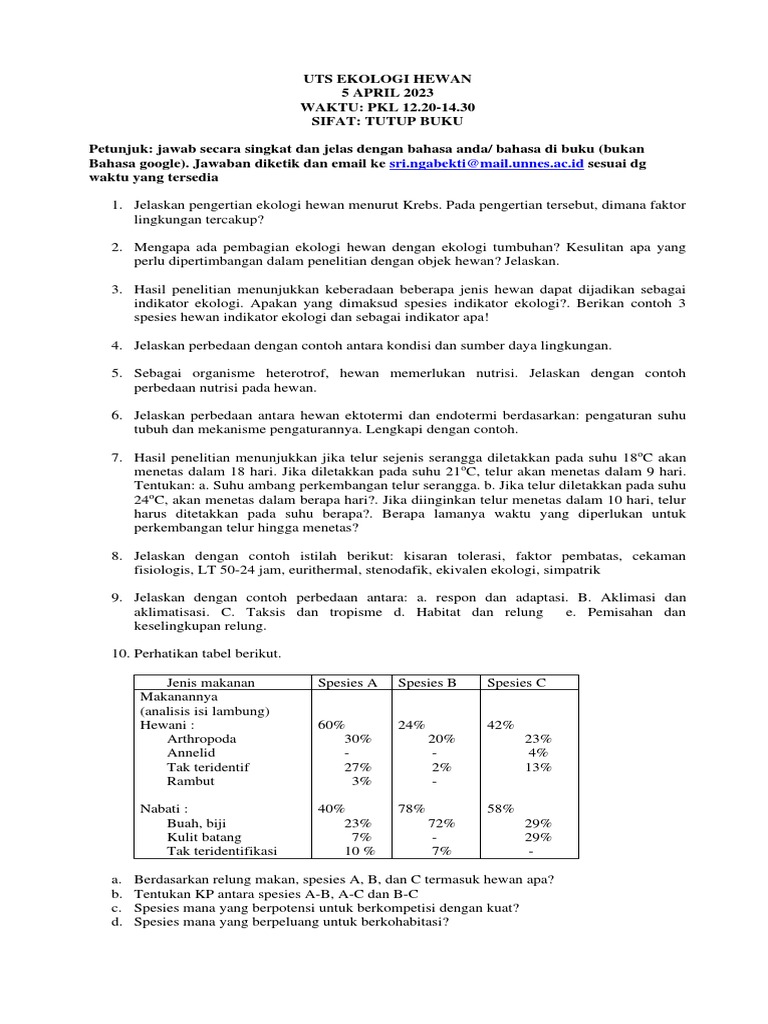 UTS EKOLOGI HEWAN 4411420064 - Hezekiel | PDF | Kesehatan Holistik | Sains & Matematika