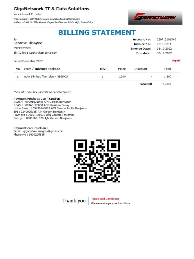 Billing Statement from GigaNetwork IT & Data Solutions for 15 Mbps ...