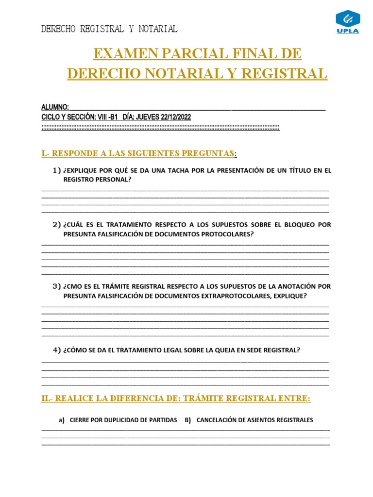 8 B Examen Final Derecho Notarial y Registral Tarde 2022-Ii | PDF