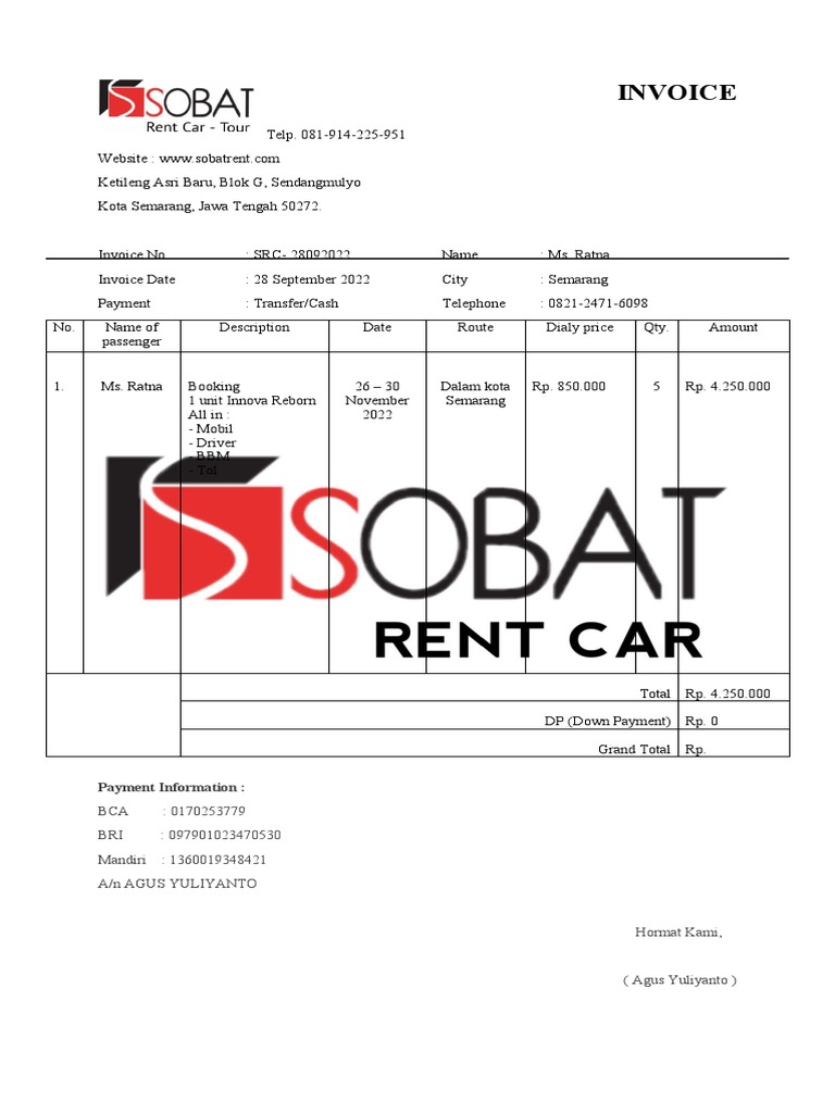INVOICE Sewa Mobil Semarang 5 Hari | PDF