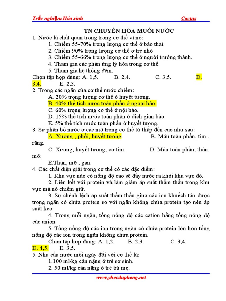 Câu hỏi trắc nghiệm hoá sinh 1 | PDF