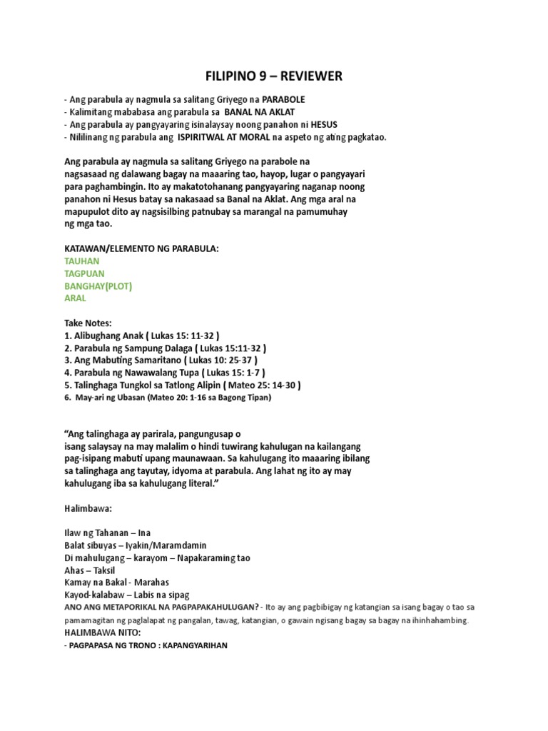 Filipino 9 - Reviewer: Tauhan Tagpuan Banghay (Plot) Aral | PDF
