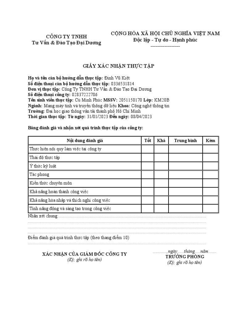 Giay Xac Nhan Thuc Tap | PDF