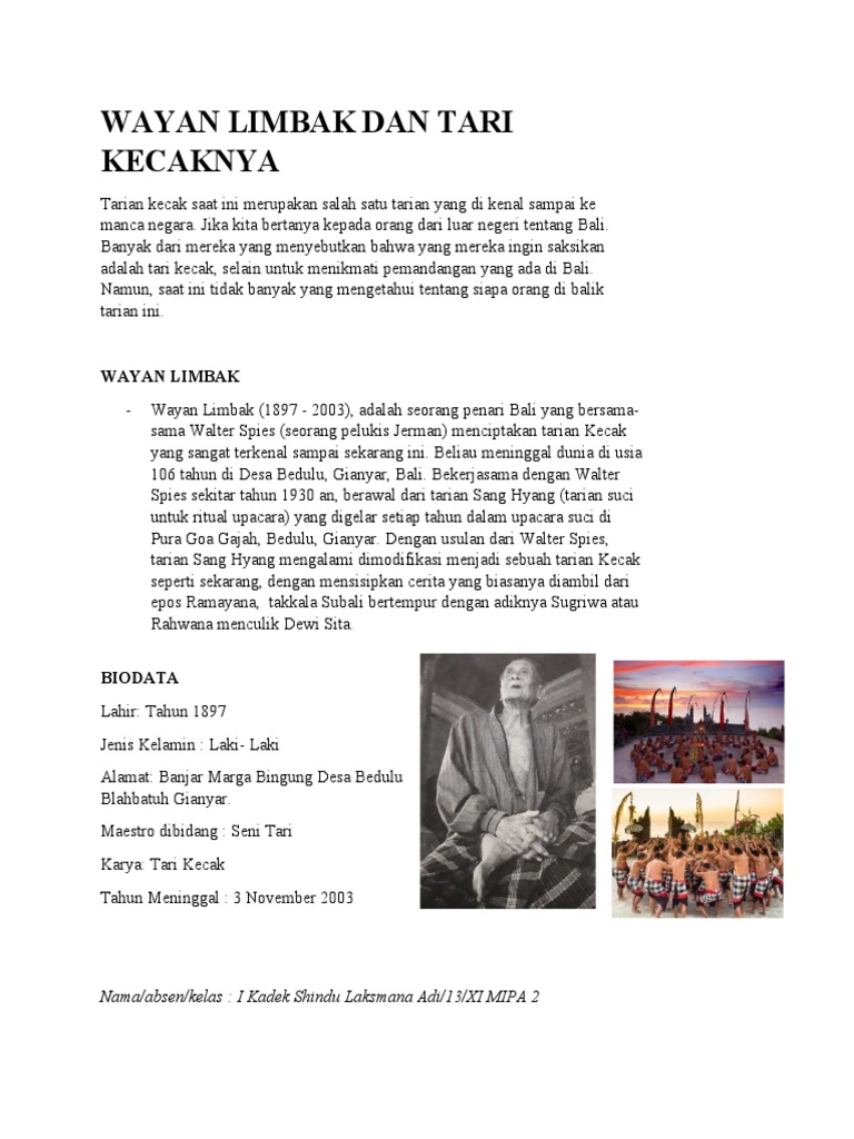 Wayan Limbak: Pencipta Tari Kecak | PDF | Seni