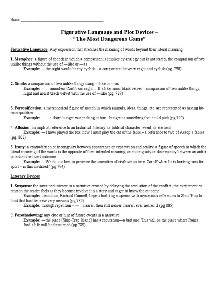 Figurative Language in "The Most Dangerous Game" | PDF
