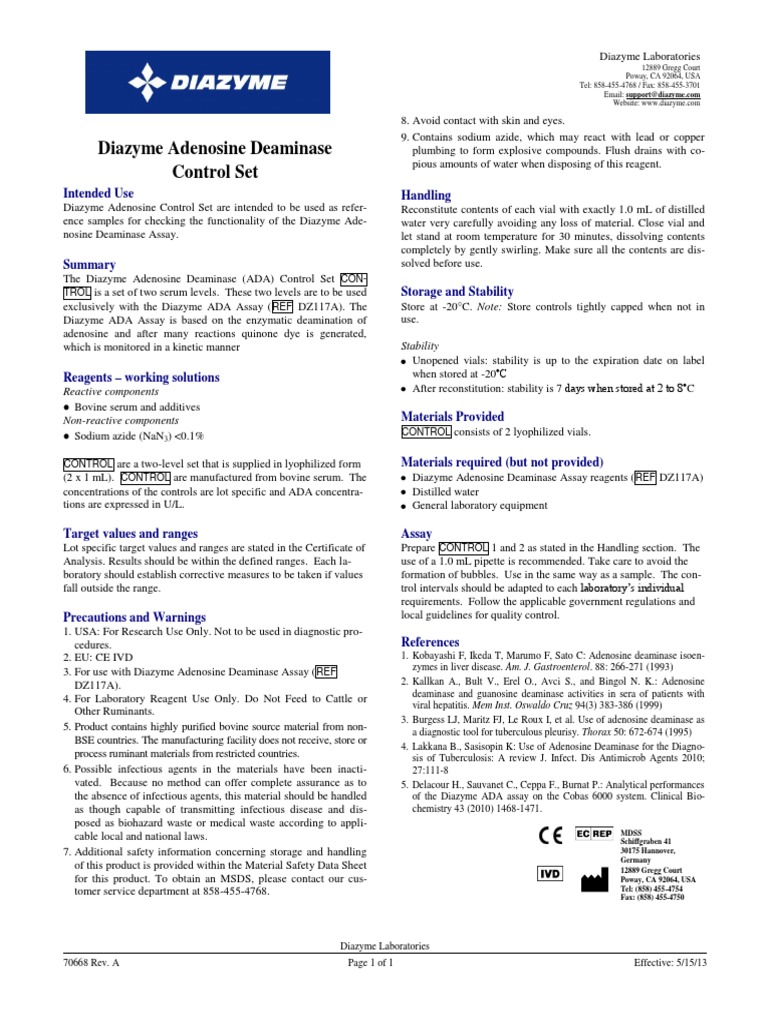 Instructions for Use of the Diazyme Adenosine Deaminase Control Set ...