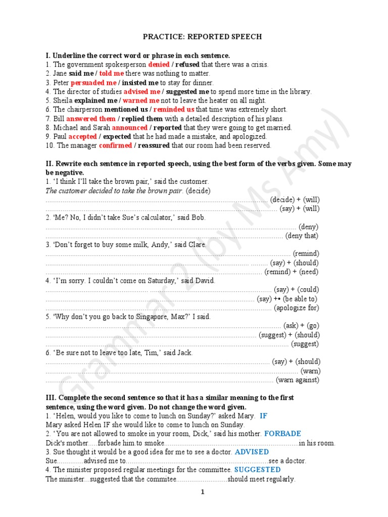 REPORTED SPEECH- practice (sts) | PDF