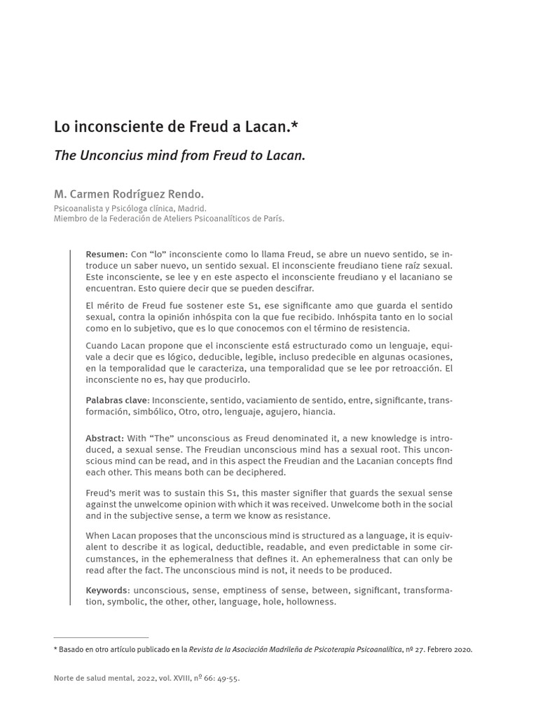El inconsciente: Freud y Lacan | PDF | Jacques Lacan | Mente inconsciente