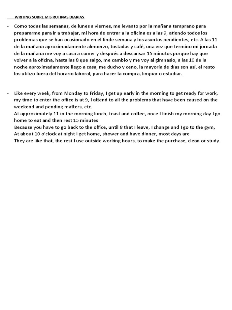 Writing Sobre Mis Rutinas Diarias | PDF