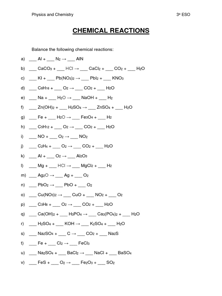 Chemical reactions - Balancing exercises | PDF