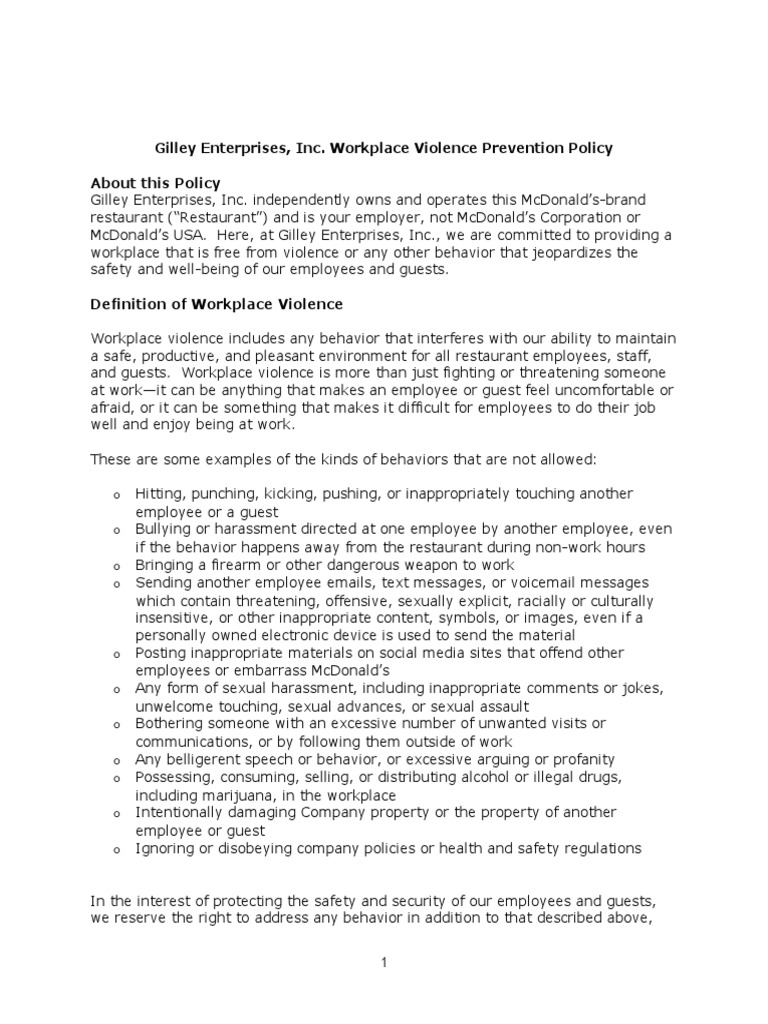 Workplace Safety Policy | PDF | Violence | Restraining Order