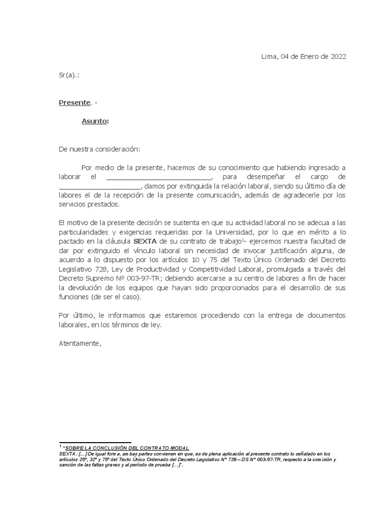 Carta de Cese Por Periodo de Prueba - II | PDF