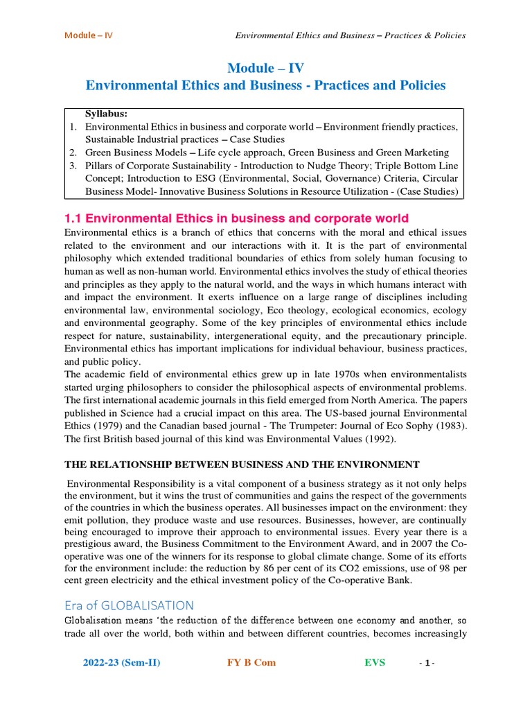 Module - IV Environmental Ethics and Business - Practices and Policies | PDF