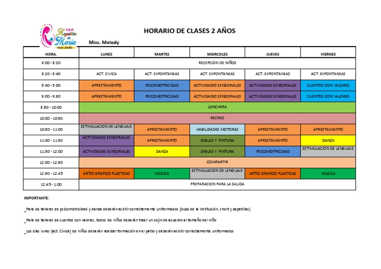 Horario de Clases 2 Años: Miss. Melody | PDF
