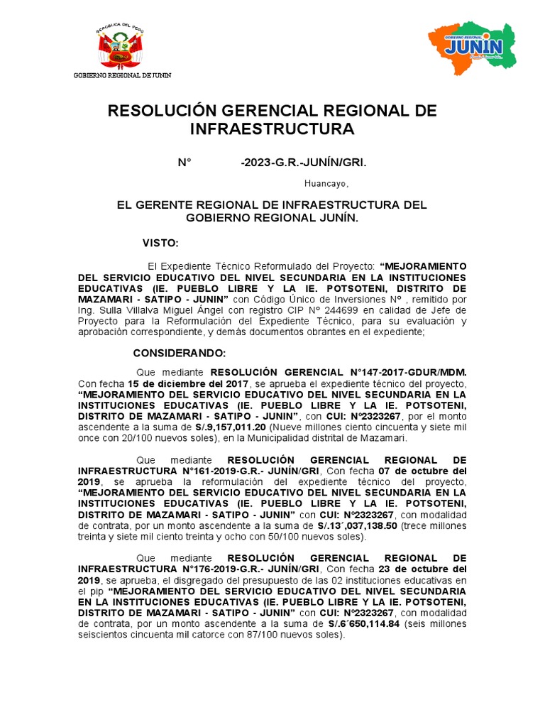 Resolución Gerencial Regional de Infraestructura Pueblo Libre | PDF | Presupuesto | Infraestructura