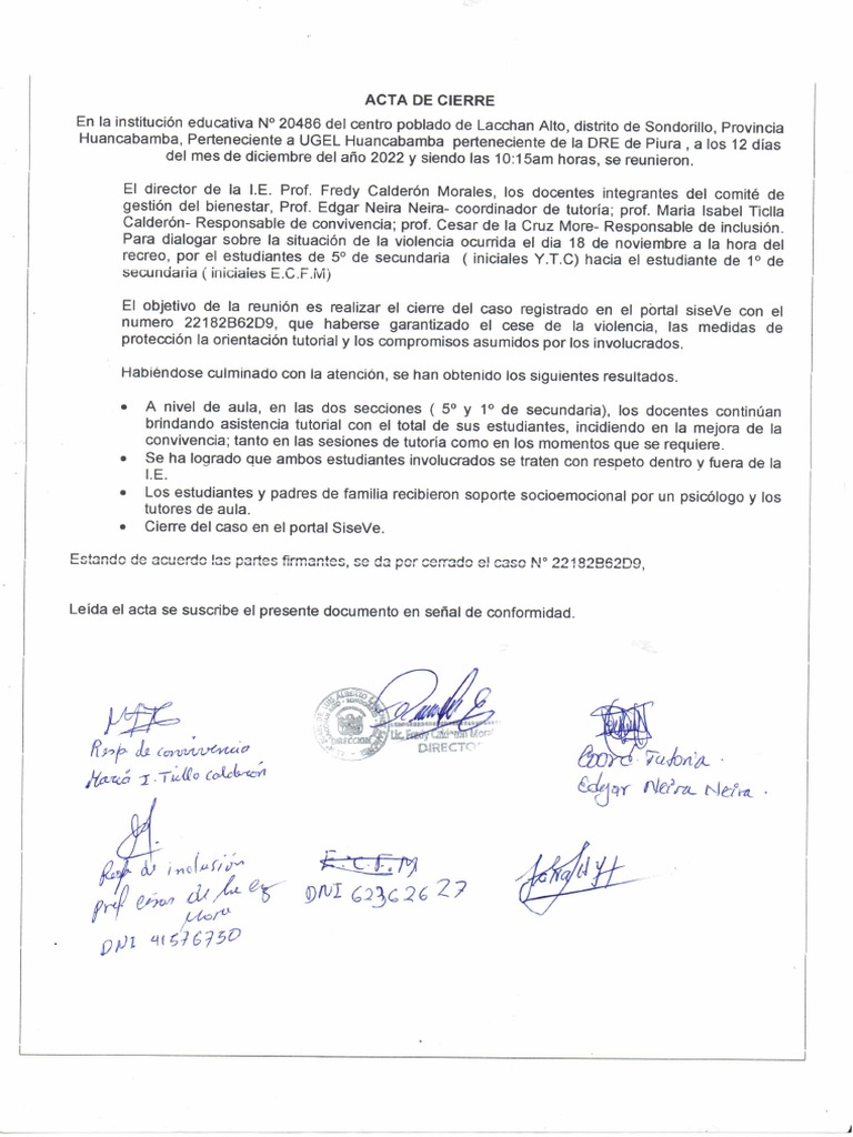 Acta de Cierre Siseve | PDF