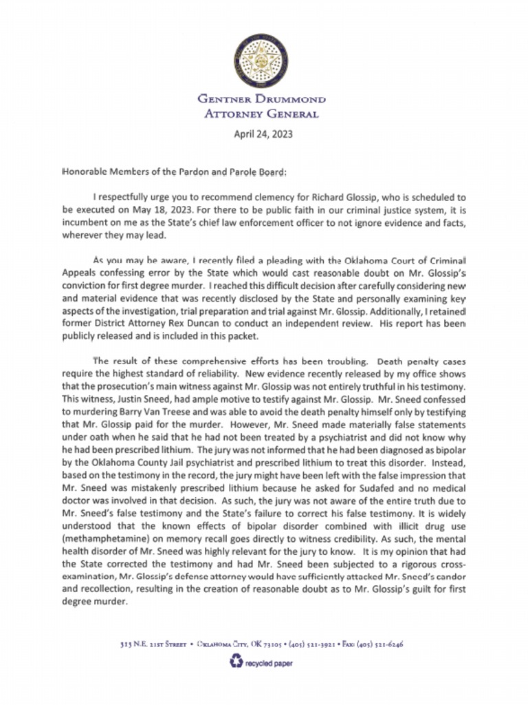 Pardon and Parole Board Packet - Richard Glossip | PDF