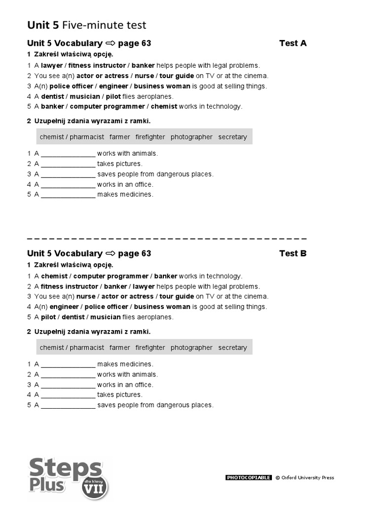 Steps Plus VII - 5min Test - U5 | PDF