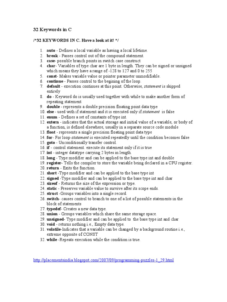 32 Keywords in C | PDF | Data Type | Control Flow
