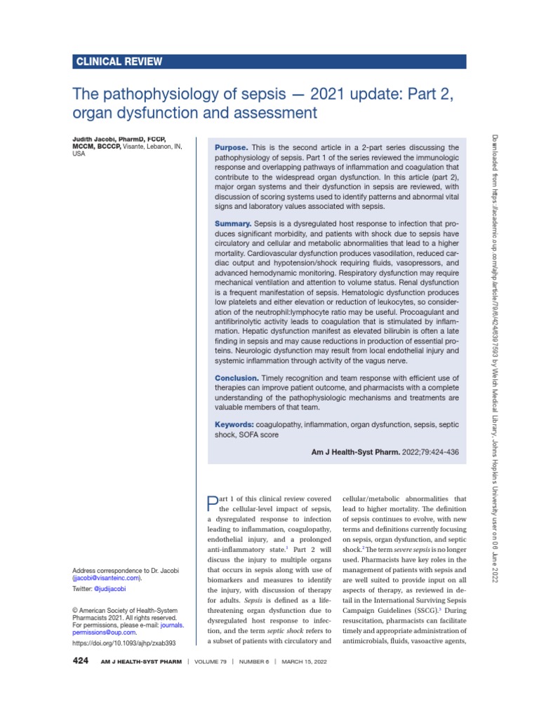 The Pathophysiology of Sepsis - 2021 Update - Part 2, Organ Dysfunction and Assessment ...