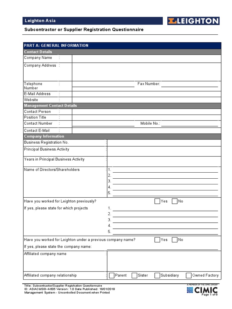 Subcontractor or Supplier Registration Questionnaire: Leighton Asia ...