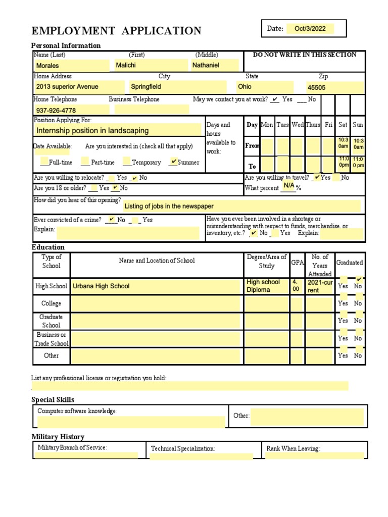 Fillable PDF Employment Application | PDF