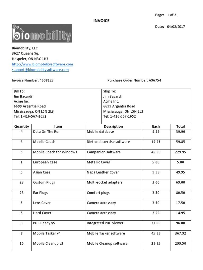 Biomobility - Invoice - 4908123 | PDF | Software | Computing