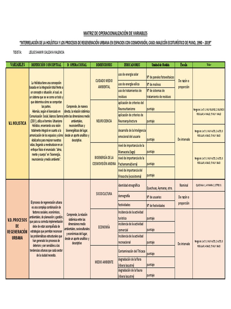 Matriz de Operacionalización de Variables | PDF | Holismo | Entorno natural